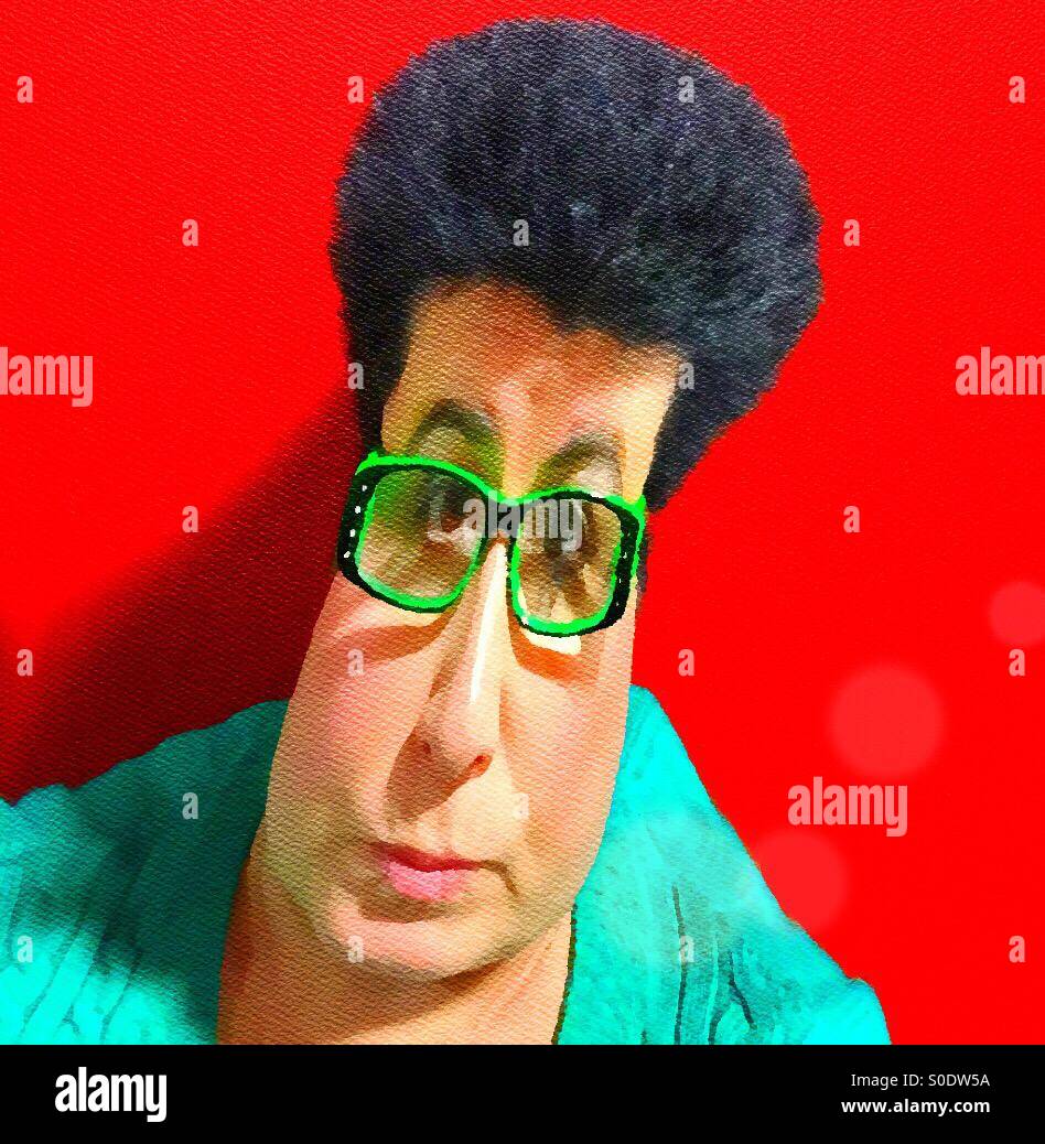 A cartoonish exaggerated image of a woman's face, stretched and ...