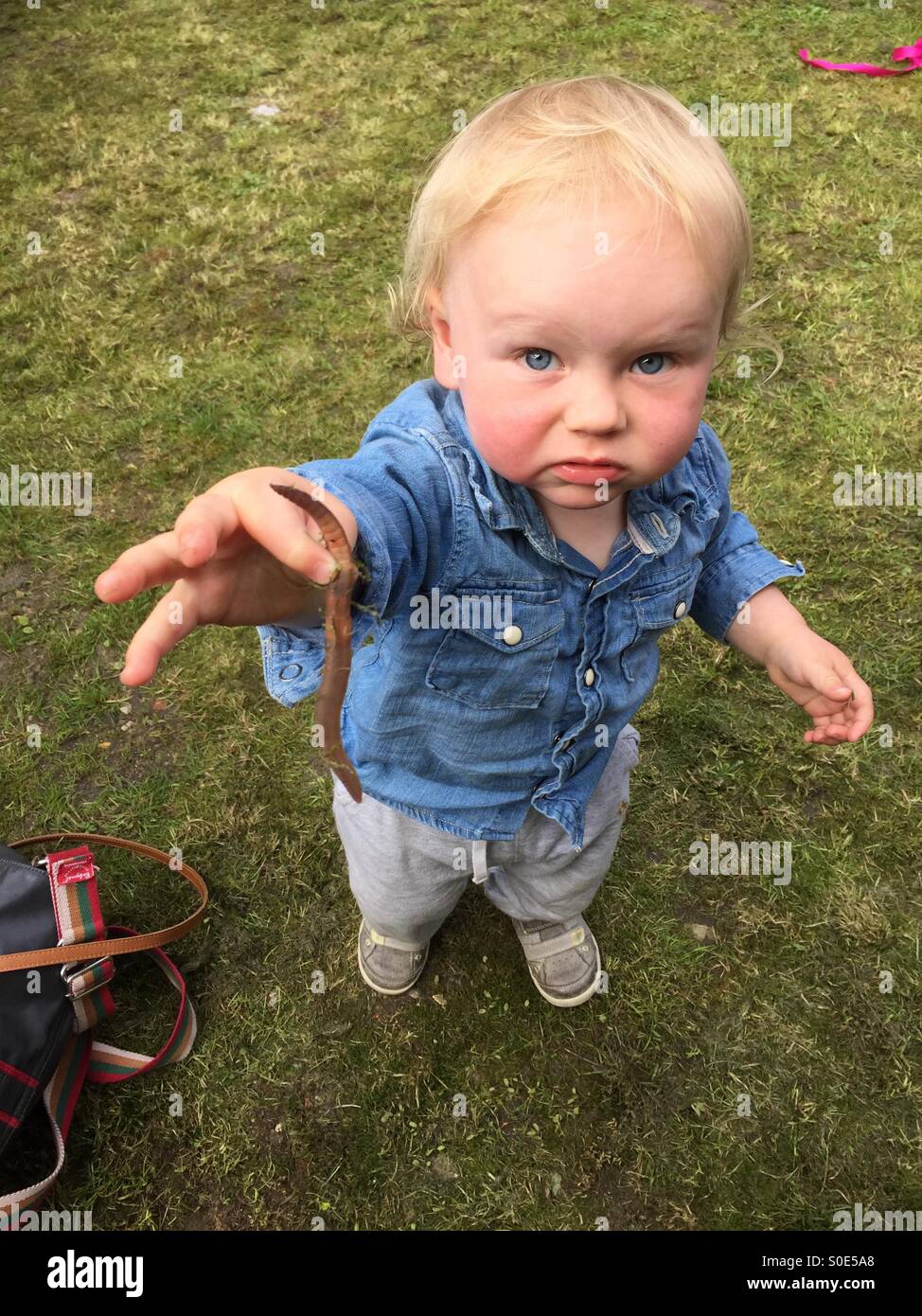 Toddler discovering a worm Stock Photo - Alamy