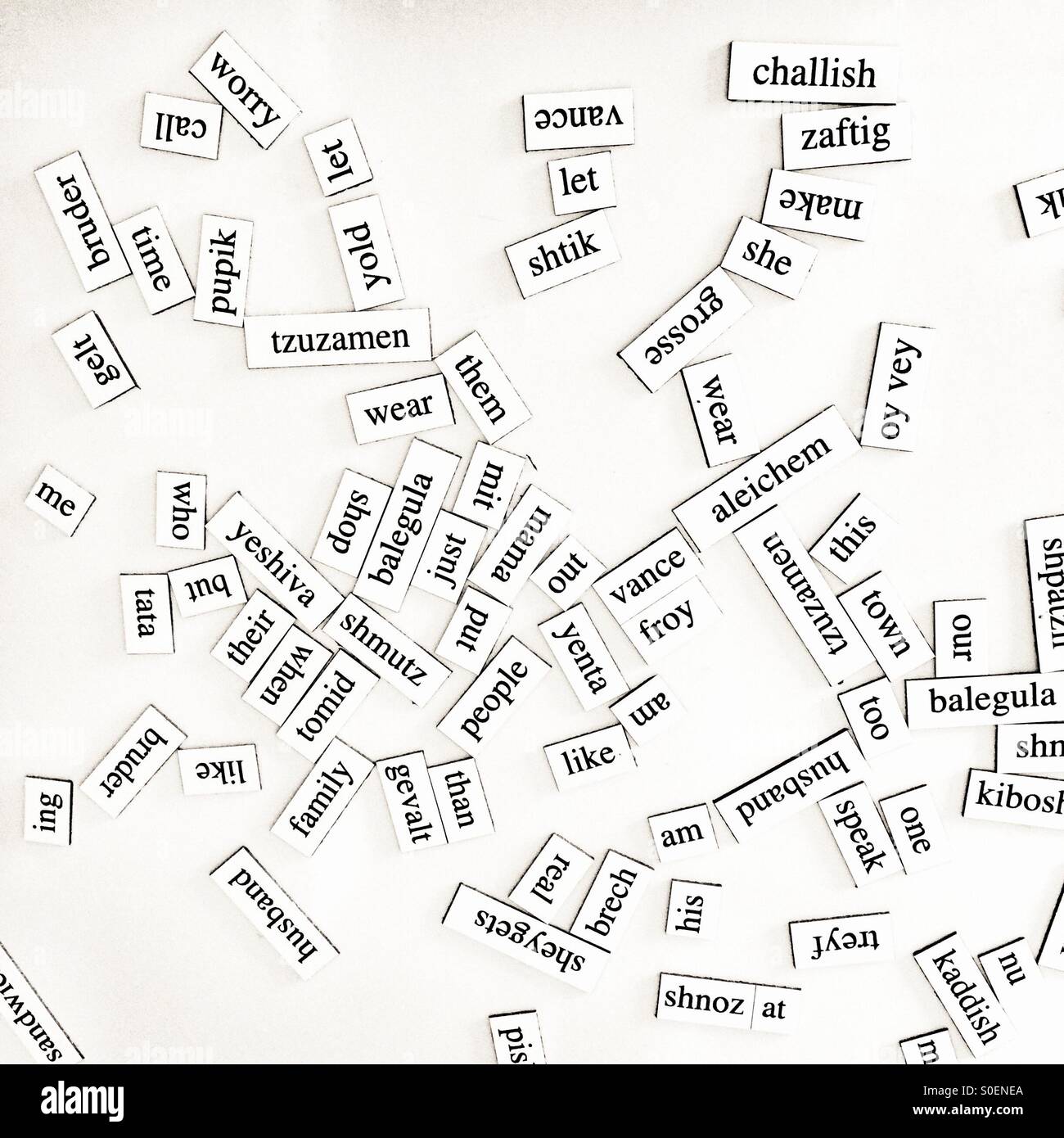 A collection of word magnets arranged in a haphazard manner - black and ...