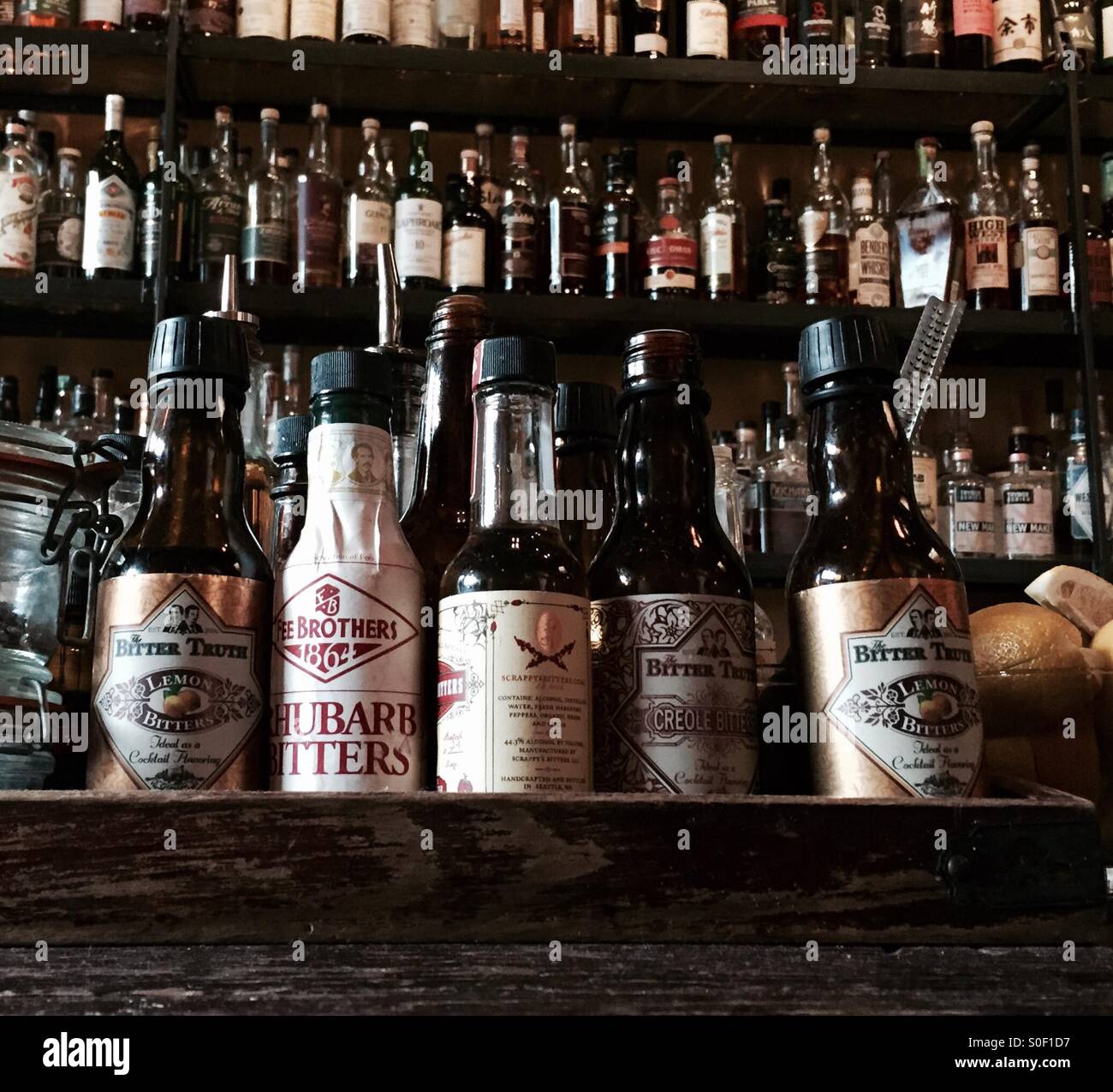 Bar tenders tools. Bitters on the bar Stock Photo - Alamy