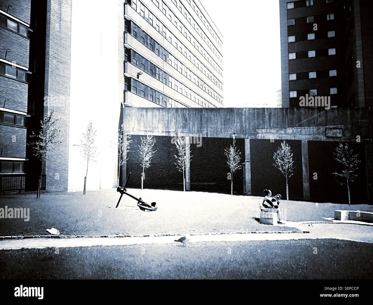 A couple sit surrounded by high rise housing, Liverpool, UK Stock Photo ...