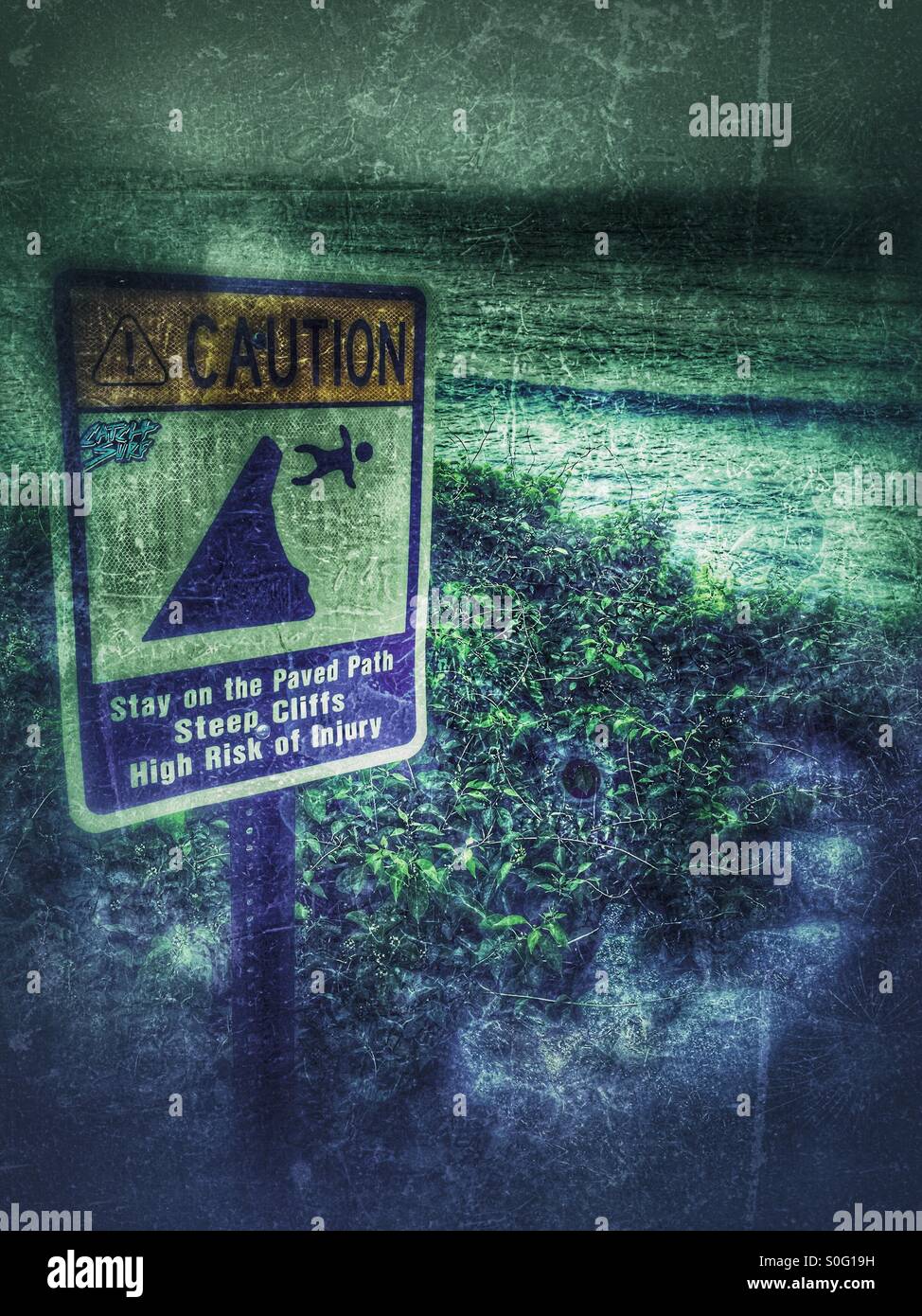 Atlantic Ocean cliffs walking path warning sign Stock Photo - Alamy