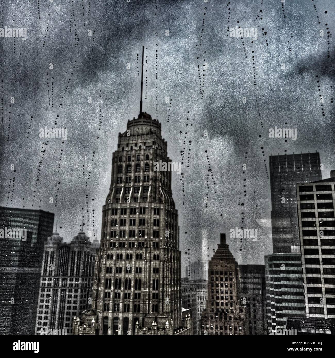 Rain streaked window overlooking buildings in downtown Chicago Stock ...