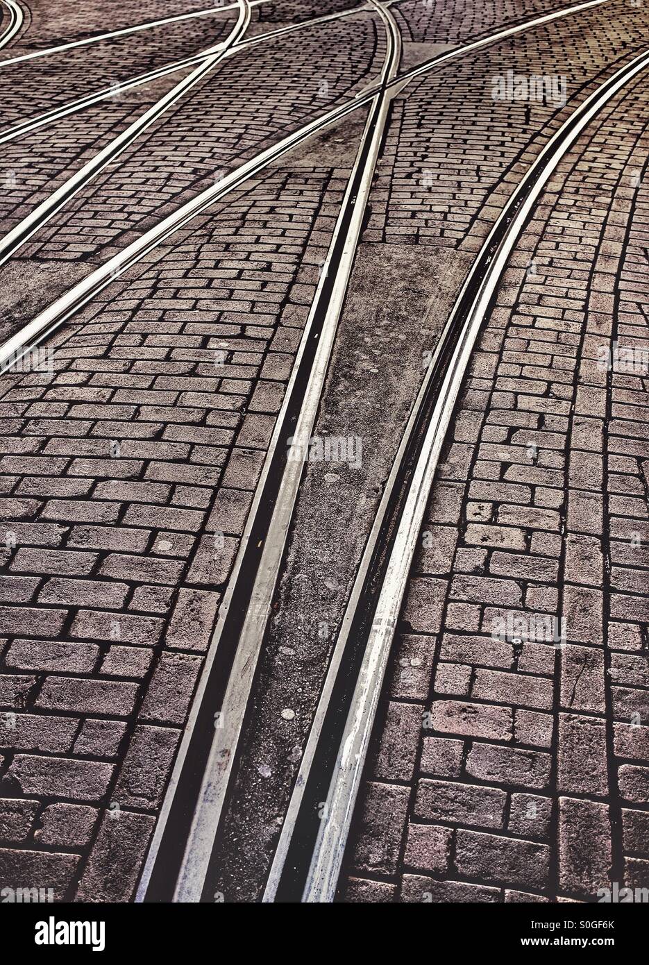 Tramlines on an old cobbled street Stock Photo - Alamy