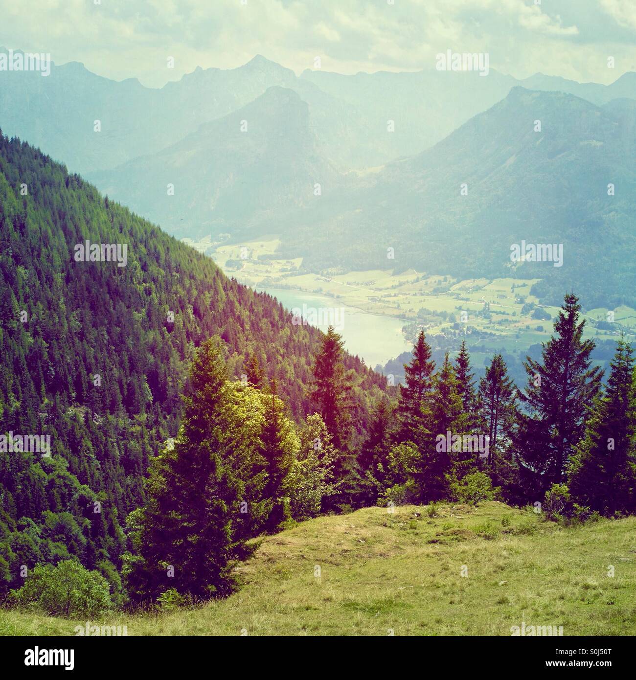 A vintage Austrian alpine scene looking down to St Wolfgang Stock Photo ...