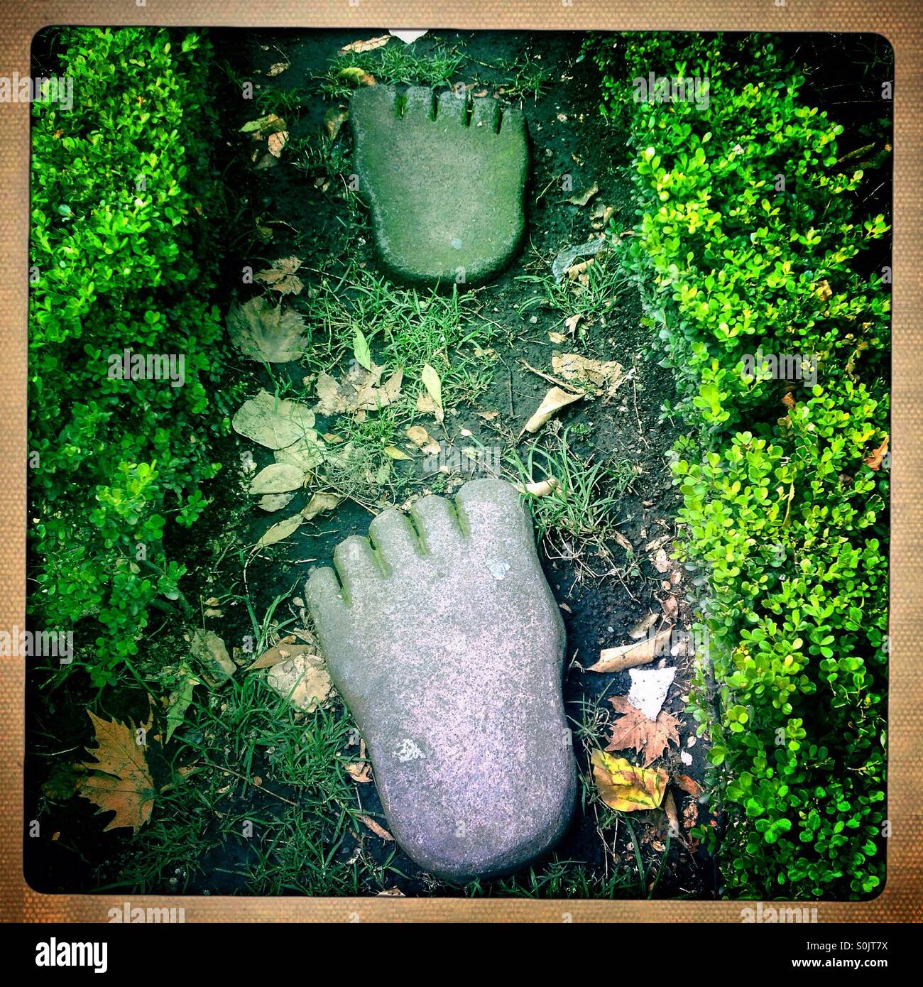 Stone footprints decorate a garden in Colonia Roma, Mexico City, Mexico ...