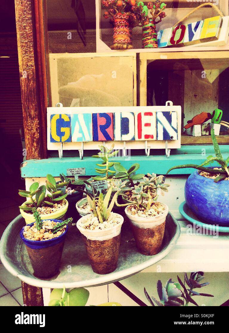 Colorful sign reading "garden". Small plants in front Stock Photo - Alamy