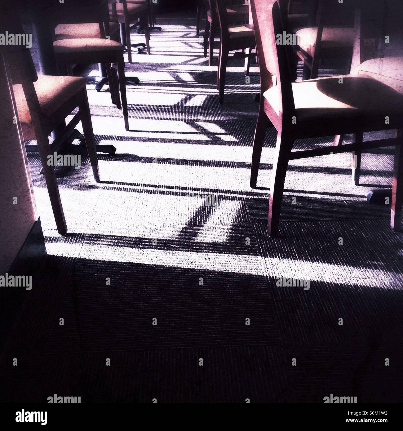 Rows of chairs casting shadows in empty restaurant Stock Photo - Alamy