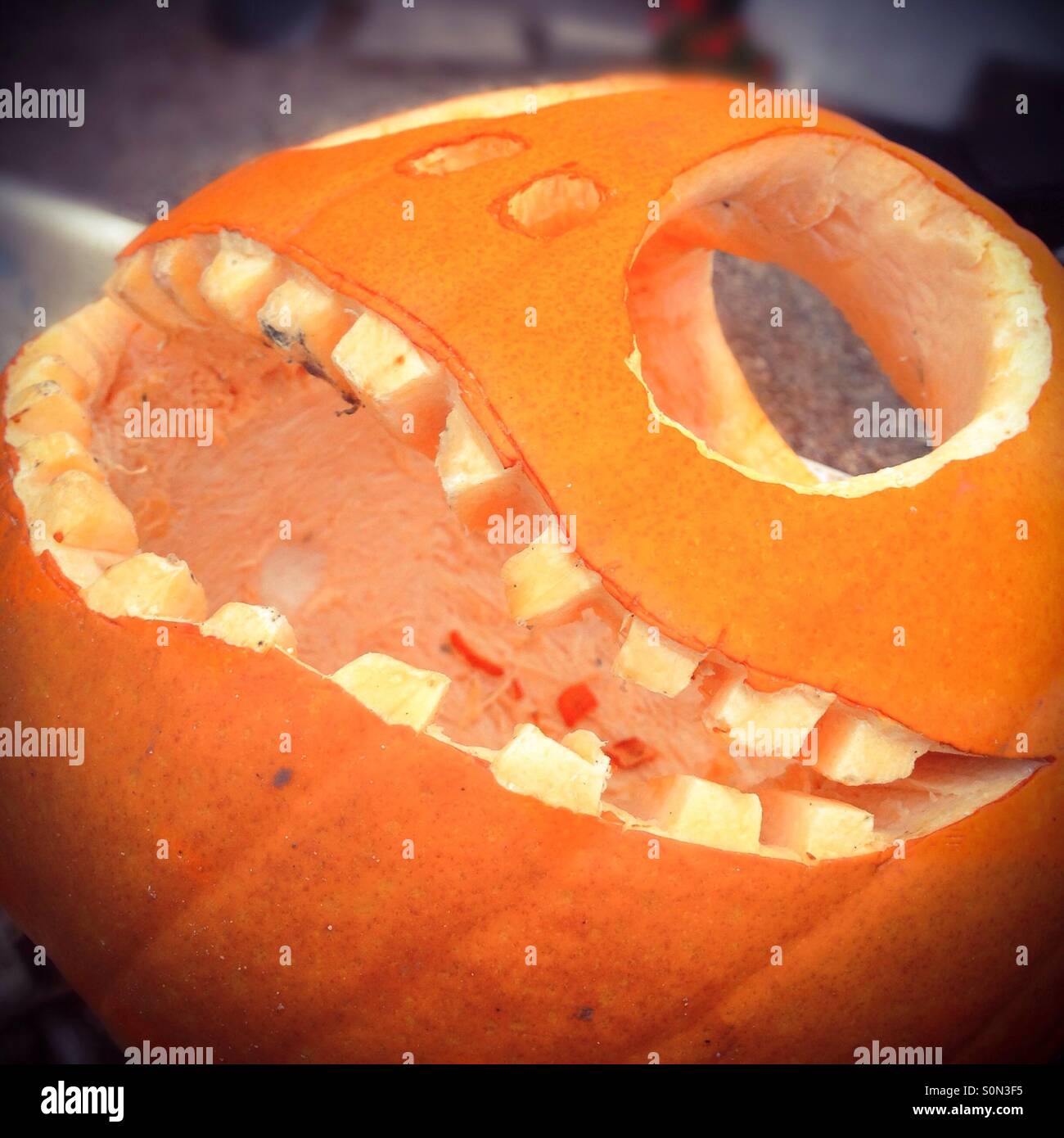 Discarded Halloween Pumpkin with teeth a smile and hollow eye Stock ...