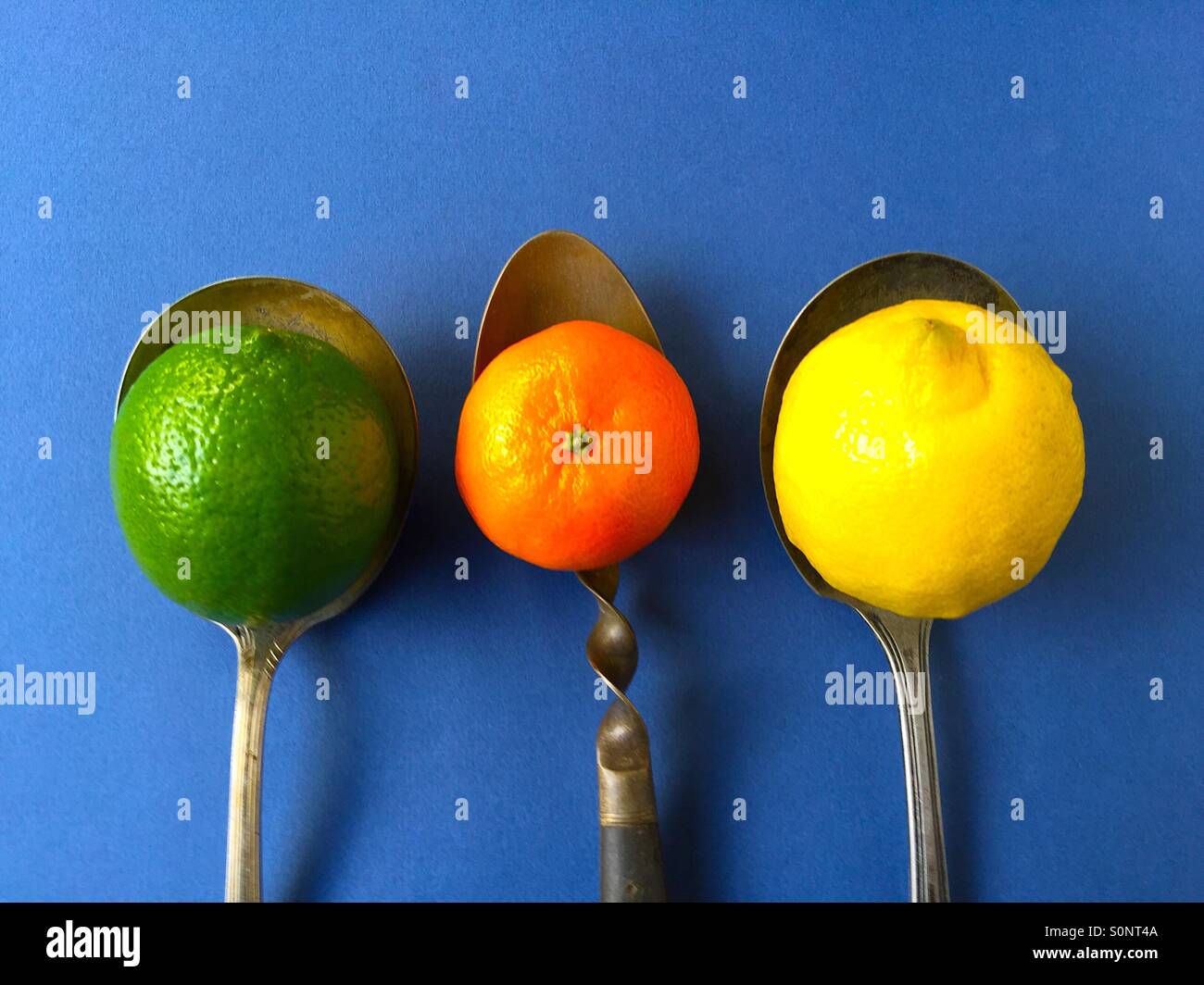 Lime, lemon, tangerine on spoons Stock Photo - Alamy