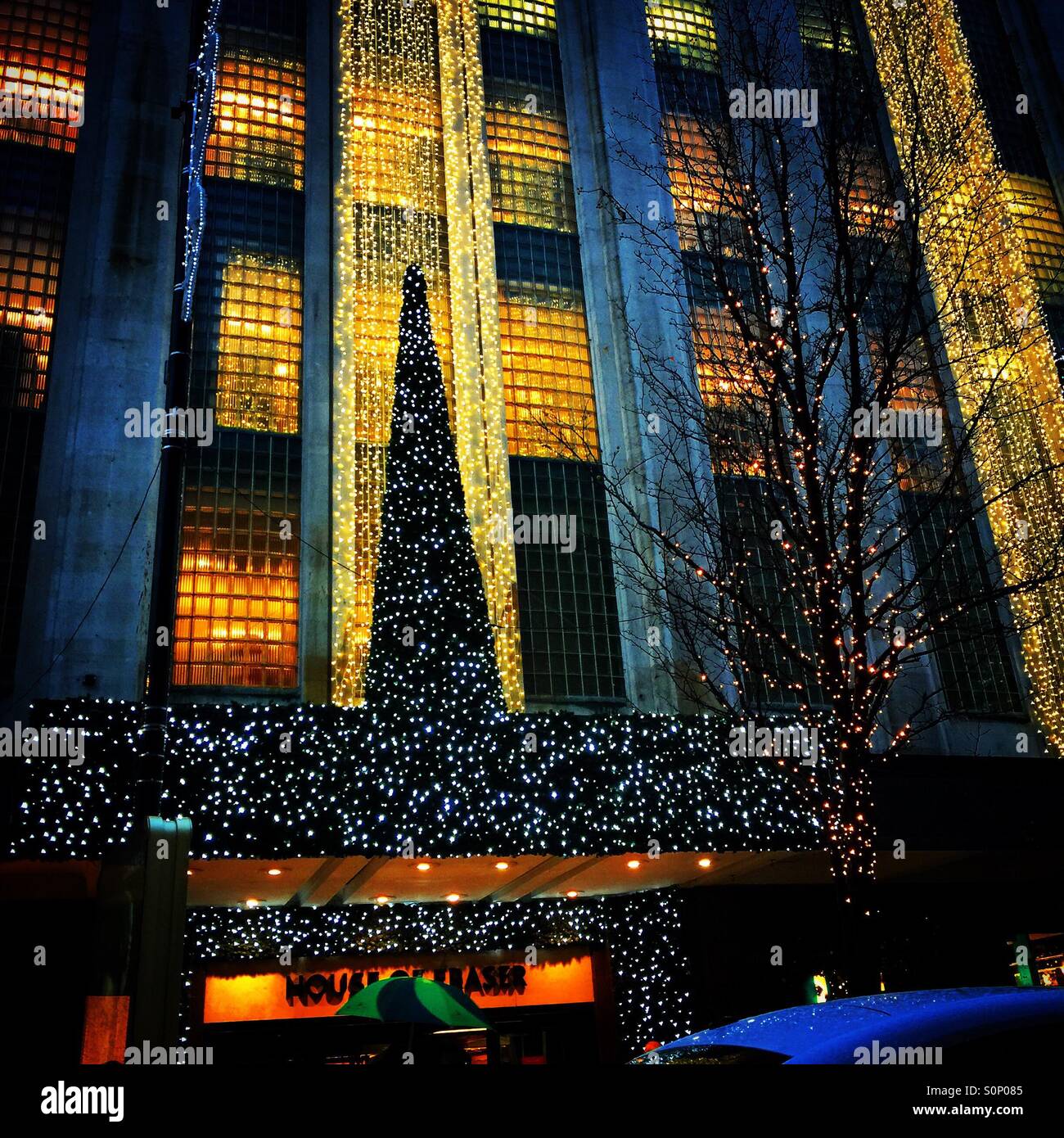 Traditional festive department store at Christmas with twinkly lights ...