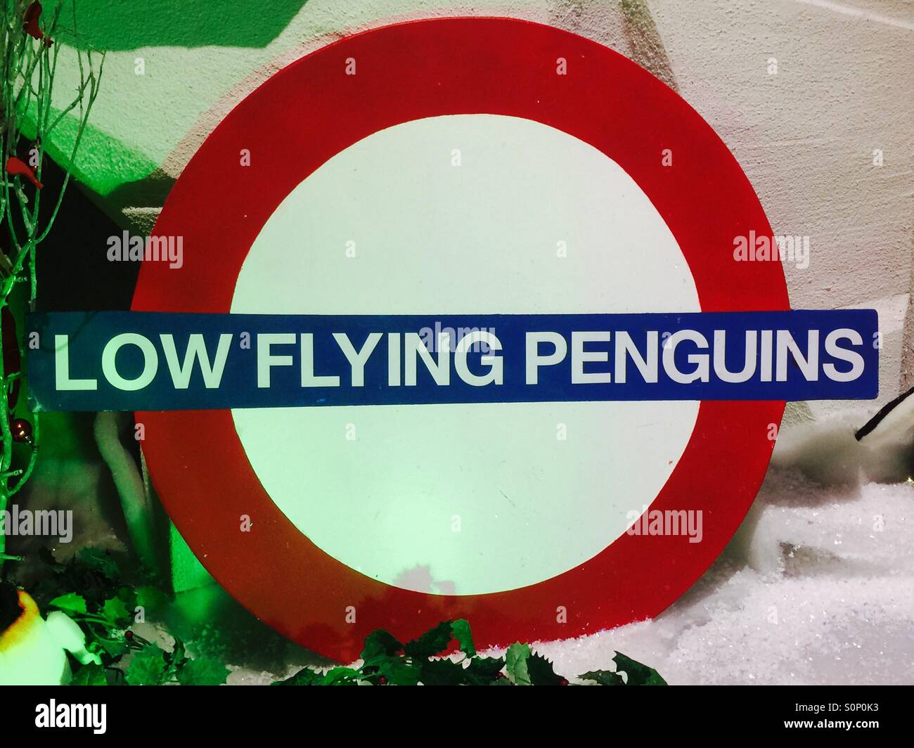 Low flying penguin sign at Polhill Garden Centre, Bromley UK Stock ...
