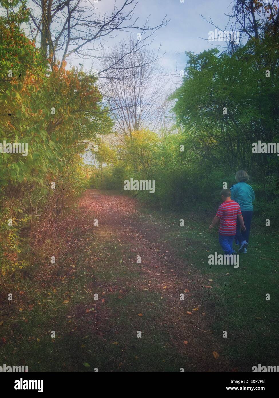 A boy and woman exploring a wooded path Stock Photo - Alamy