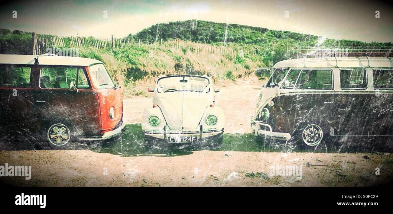 Vintage Volkswagens -2 split screen campers and a beetle Stock Photo ...