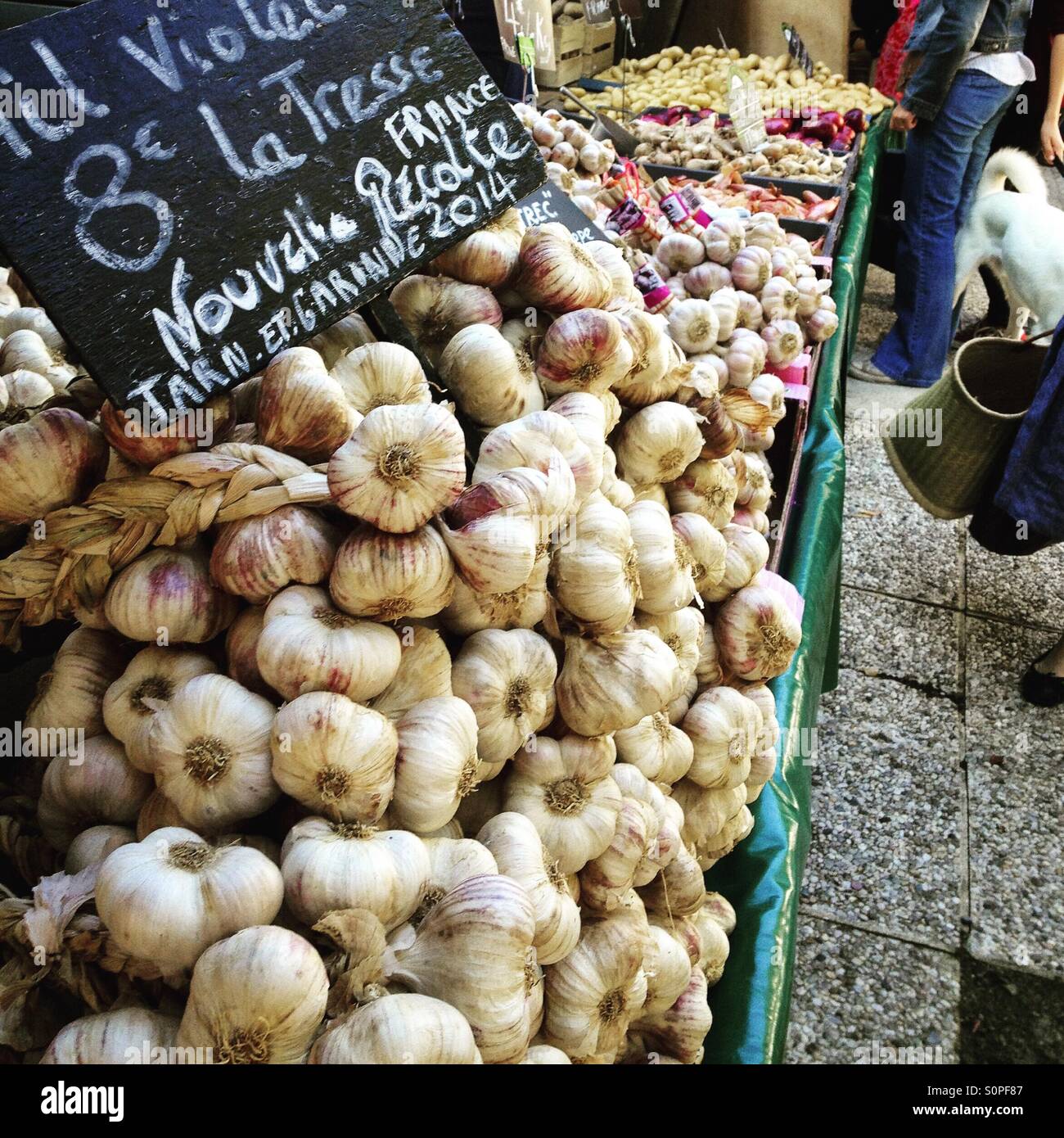 A pile of garlic displayed on a market stall in Bagnole de l'orne ...