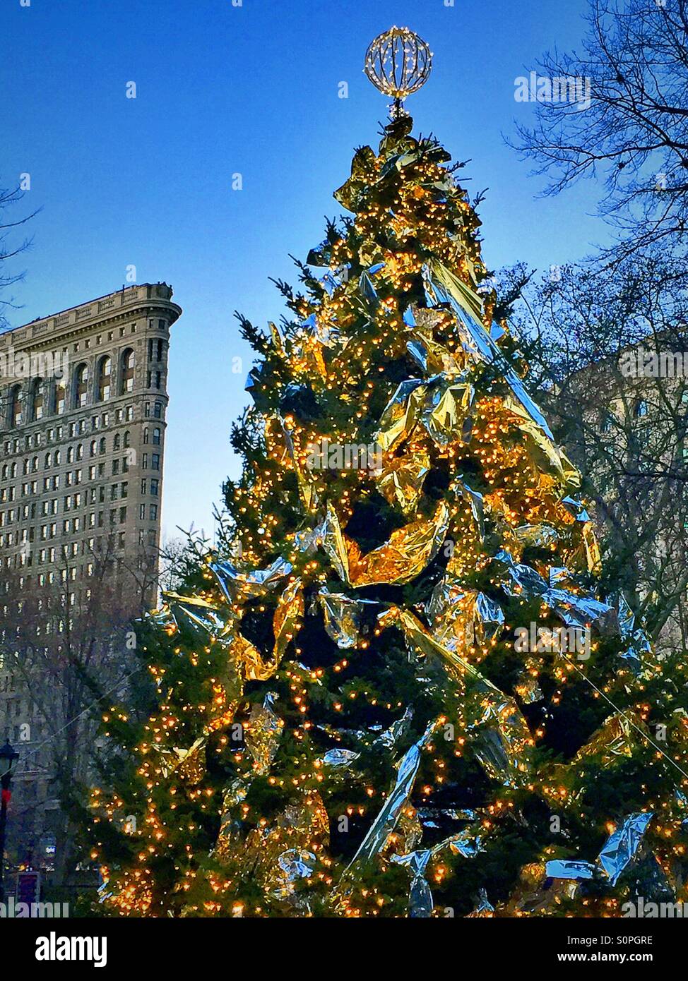 The Christmas tree in Madison Square Park shines in the shadow of the ...