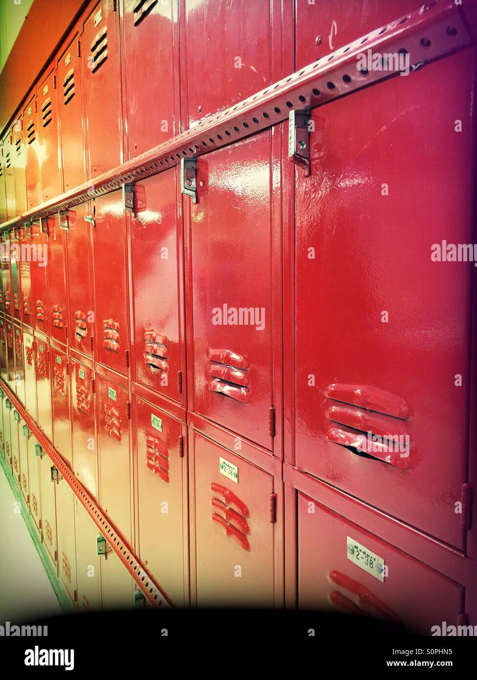 Bright red lockers in high school hallway in NYC Stock Photo - Alamy