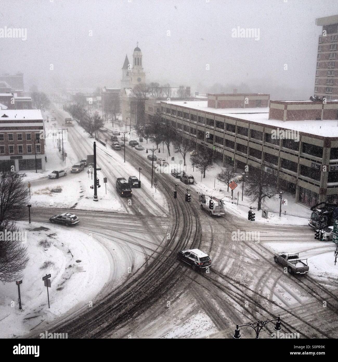 Aerial view of small town in snowstorm Stock Photo - Alamy