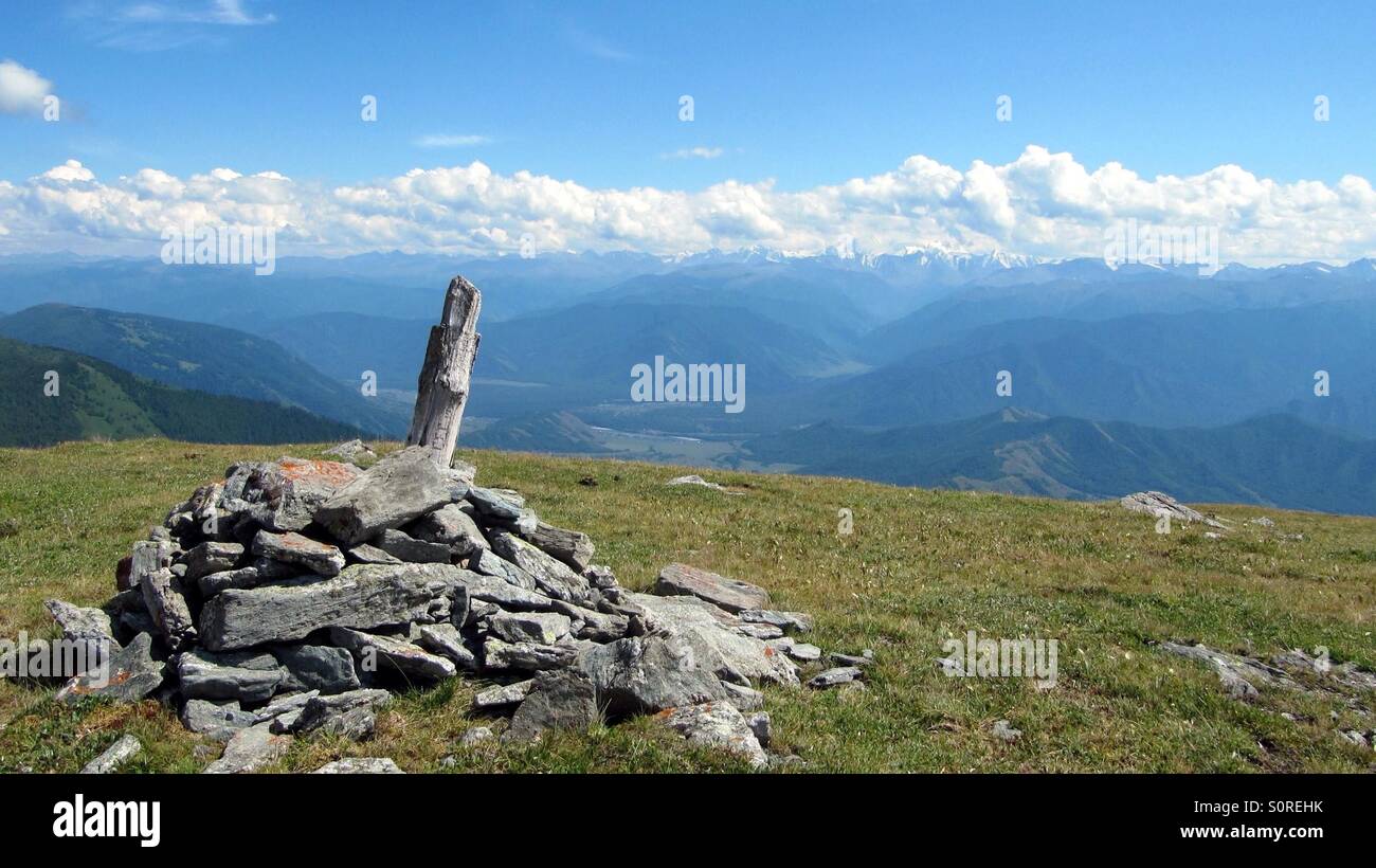 On the top of the mountain. The skyline of the Altay mountains. View to ...
