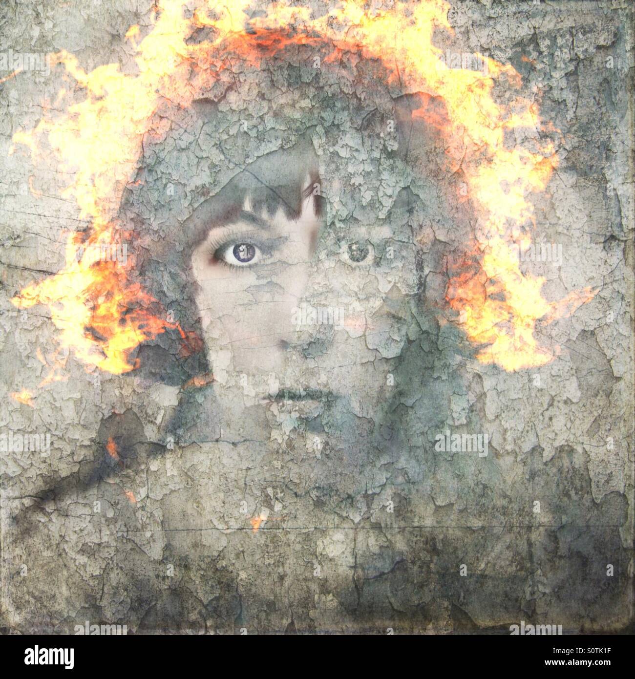 Woman With Hair on Fire grunge Staring Stock Photo - Alamy