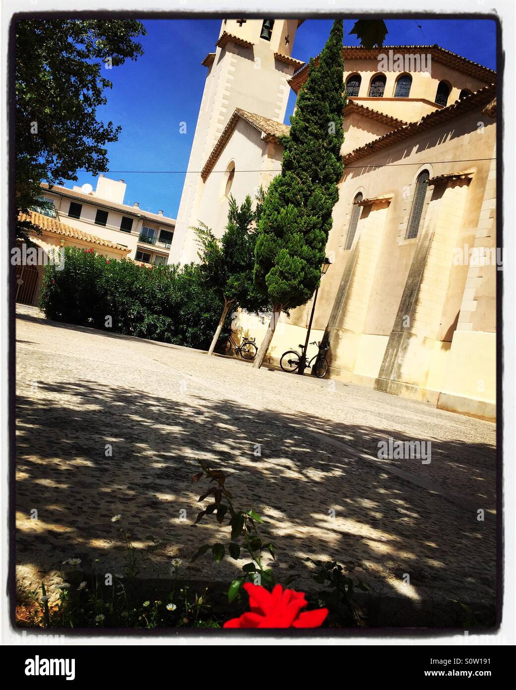Puerto Pollensa church, town square, Mallorca Stock Photo - Alamy