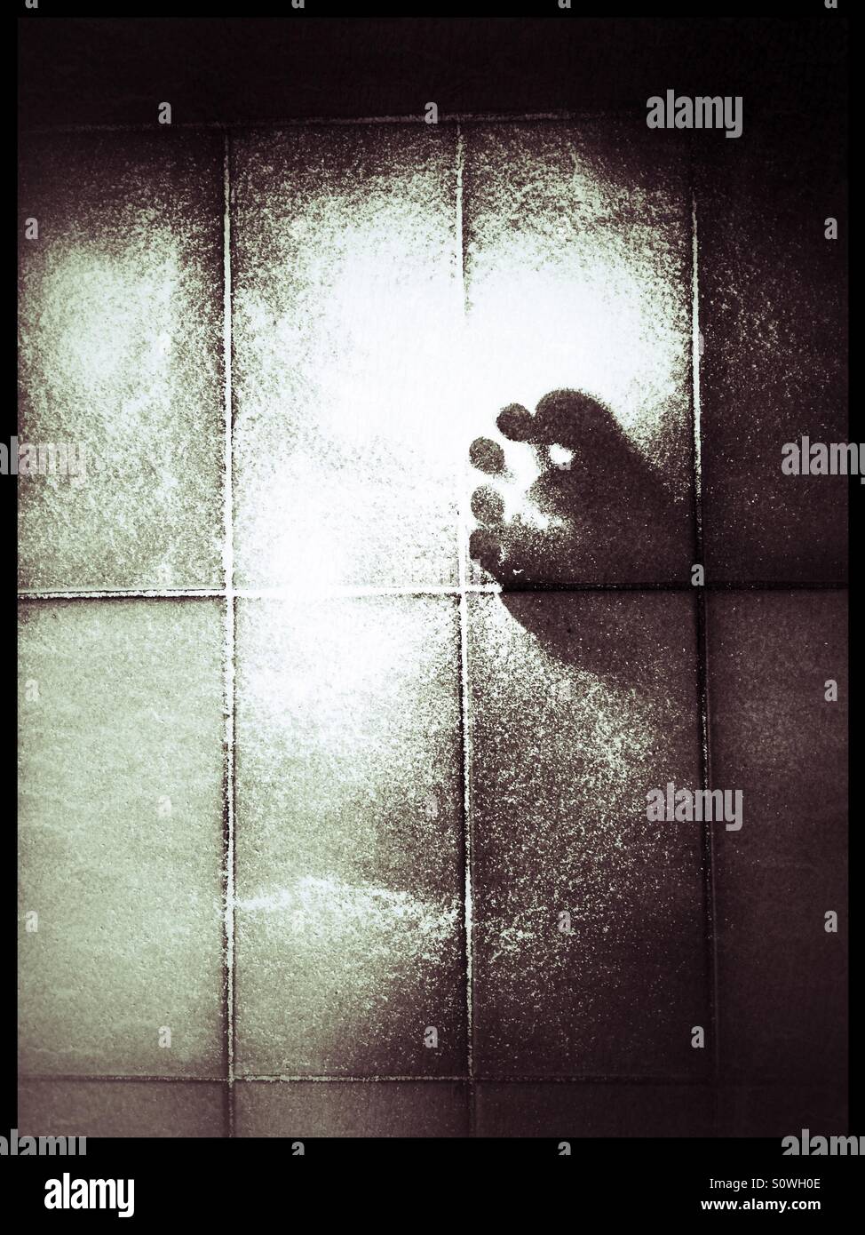 Footprint in flour on tiled kitchen floor Stock Photo - Alamy