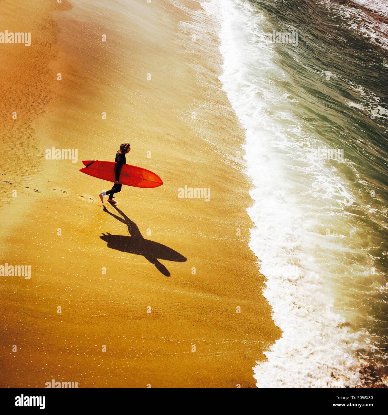 A male surfer walks down to the surf. Manhattan Beach, California USA ...