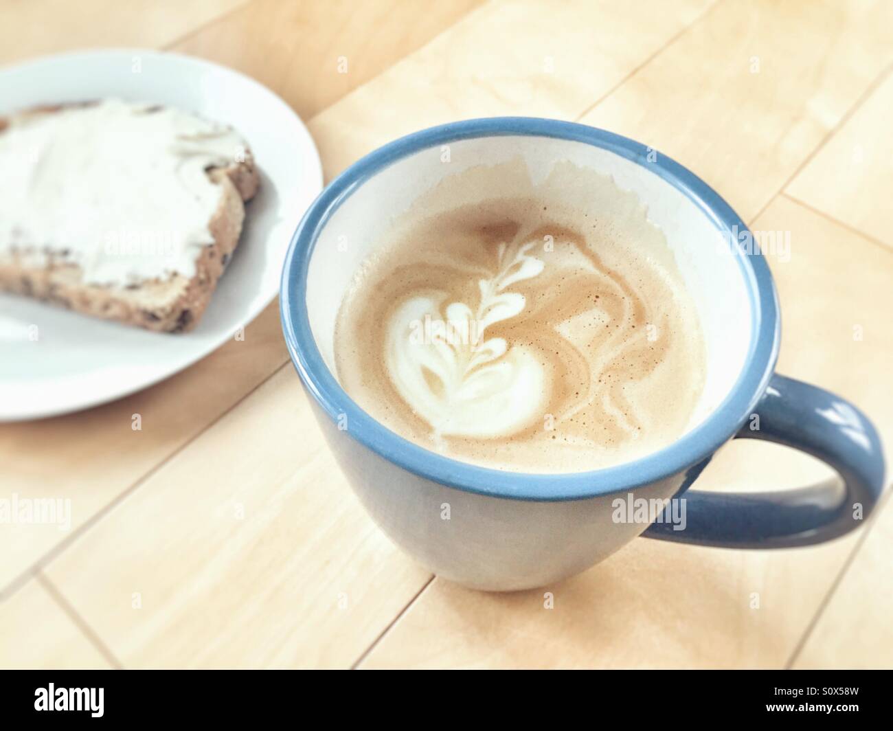 Breakfast - cream cheese sandwich and a cup of latte Stock Photo - Alamy