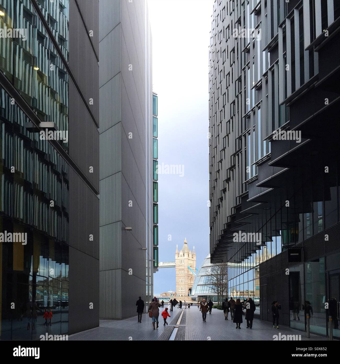 View of the tower bridge of London among new modern shiny buildings ...