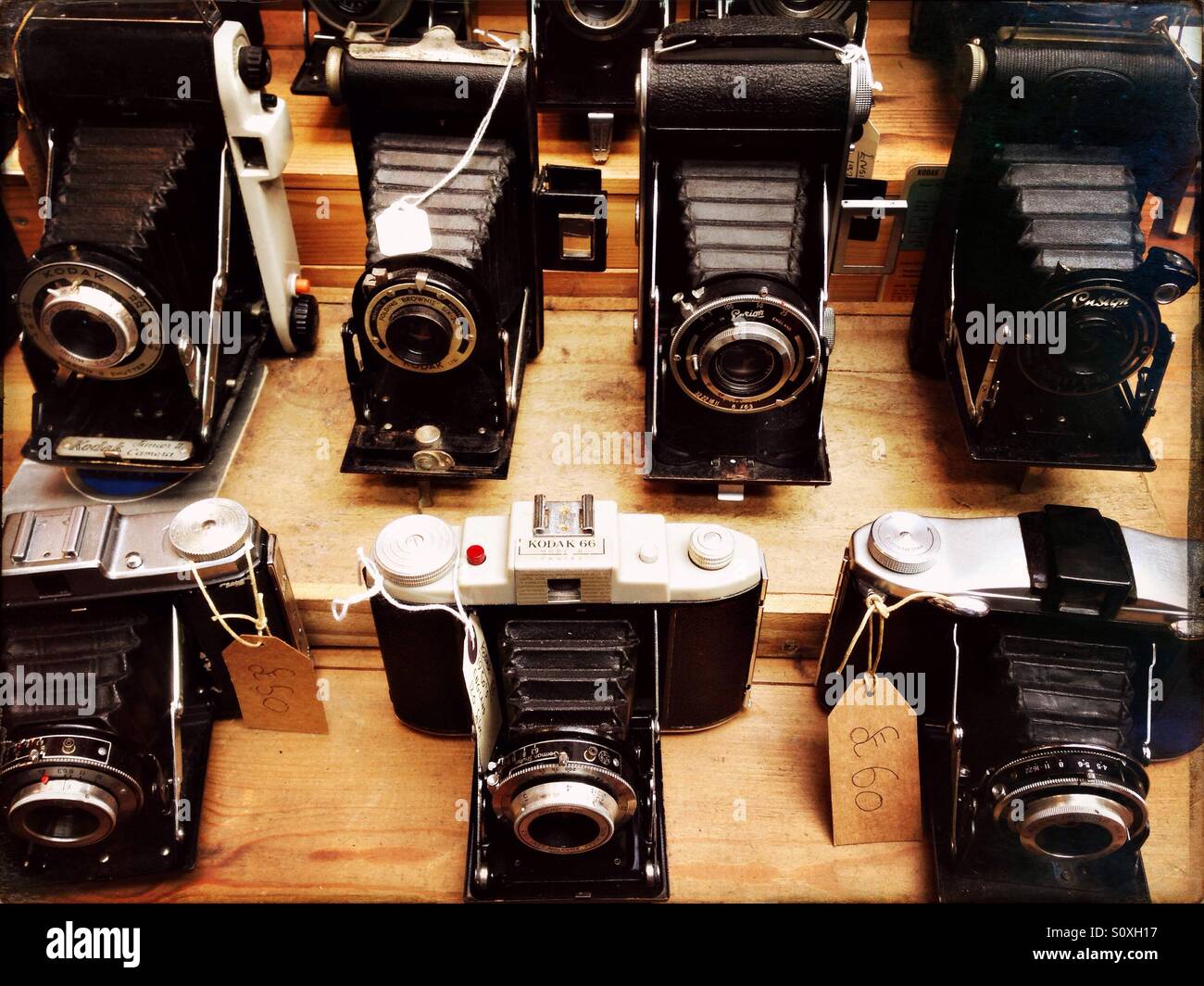 Vintage cameras on display at a market in Greenwich, London Stock Photo ...
