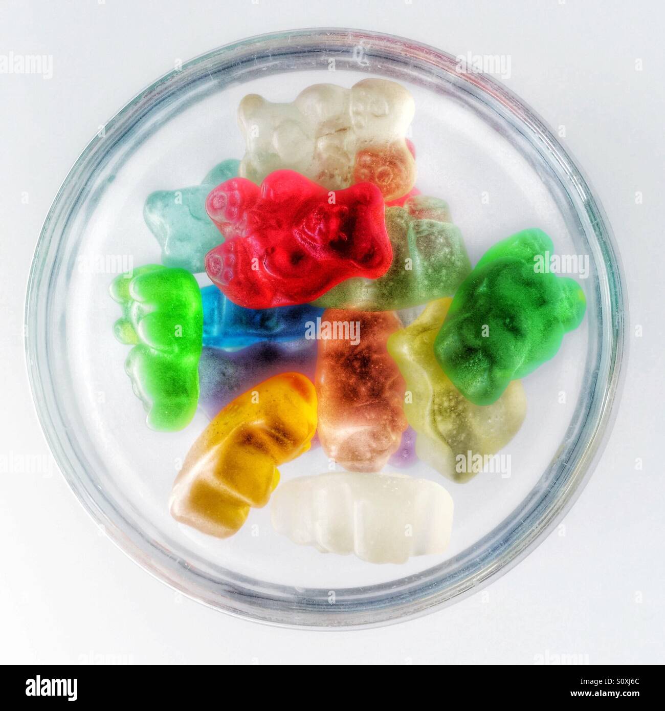 Gummy bears in a glass bowl, photographed from above. Dramatic edit ...