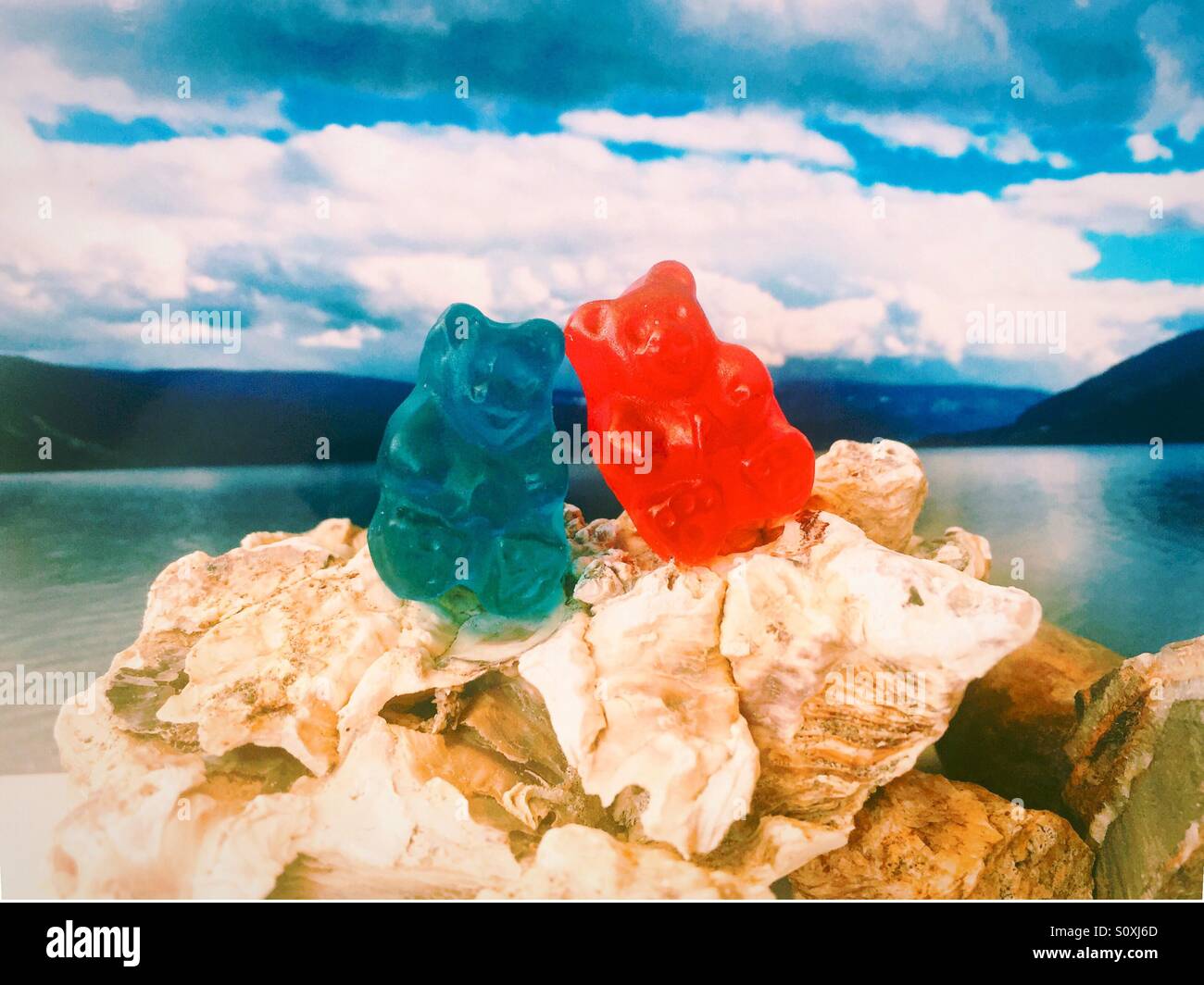 Gummy bear couple on a beach. Photographed in studio with props Stock ...