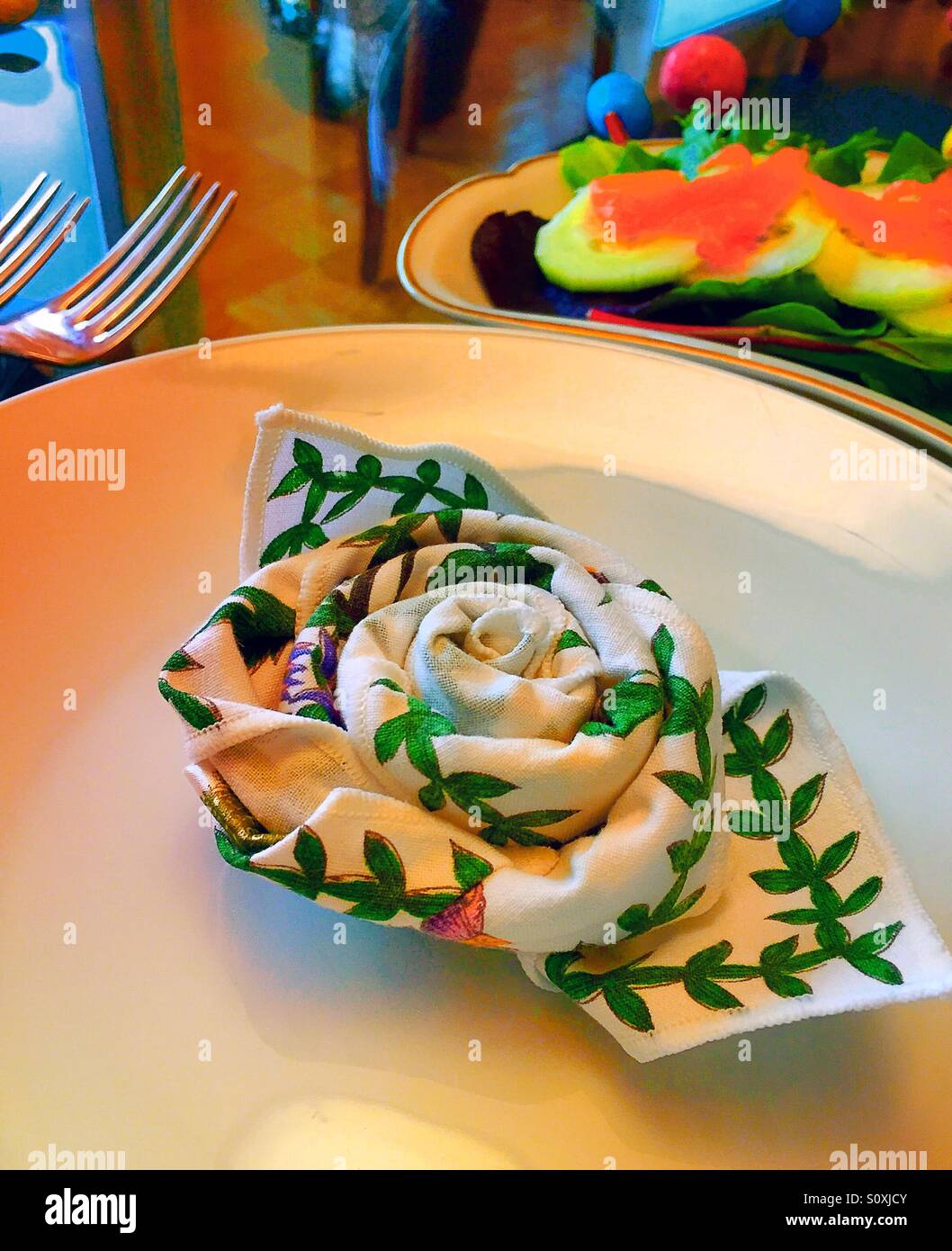 Tablesetting with fancy folded napkin Stock Photo - Alamy