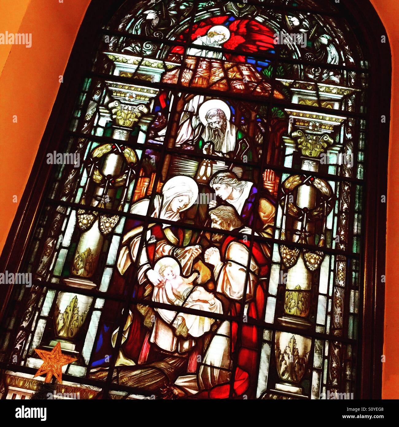 Nativity scene stained glass, st Anne's church, Manchester Stock Photo ...