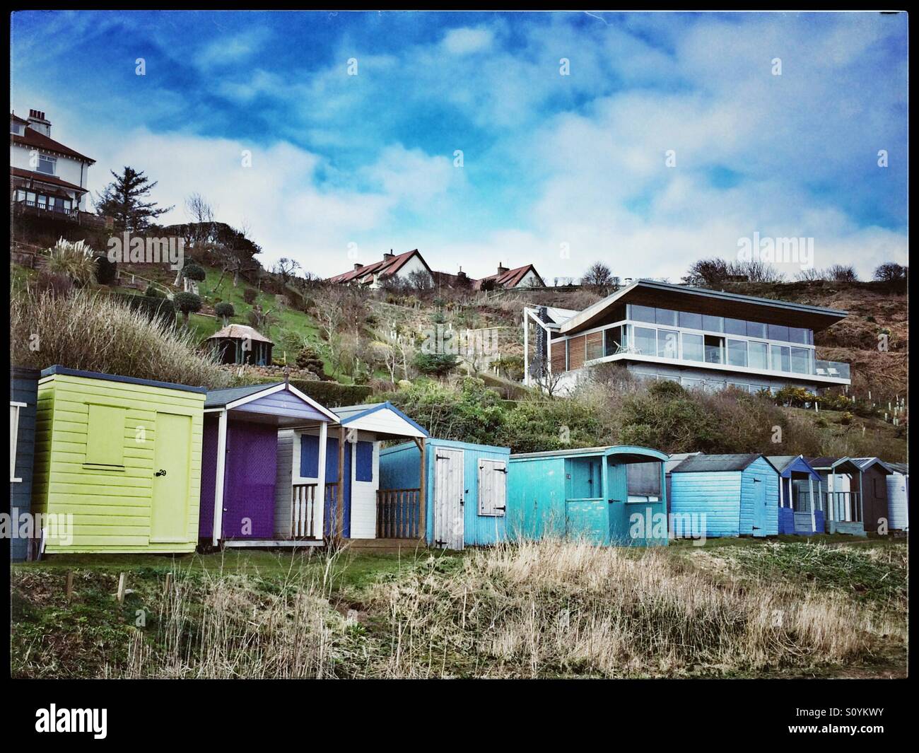 Beach huts, Coldingham Bay Stock Photo - Alamy