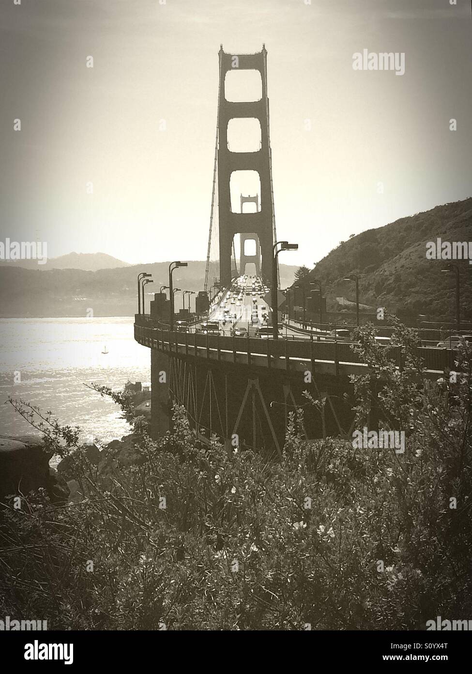 Vintage Golden Gate Bridge San Francisco in Sepia view from the island ...