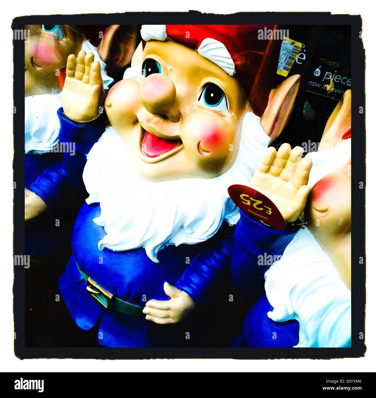 Garden gnomes waving from a shop window Stock Photo - Alamy