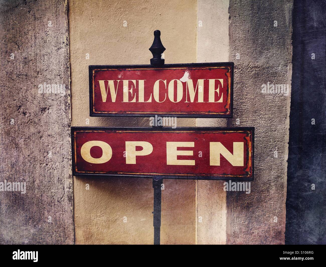 Welcome and Open sign Stock Photo - Alamy