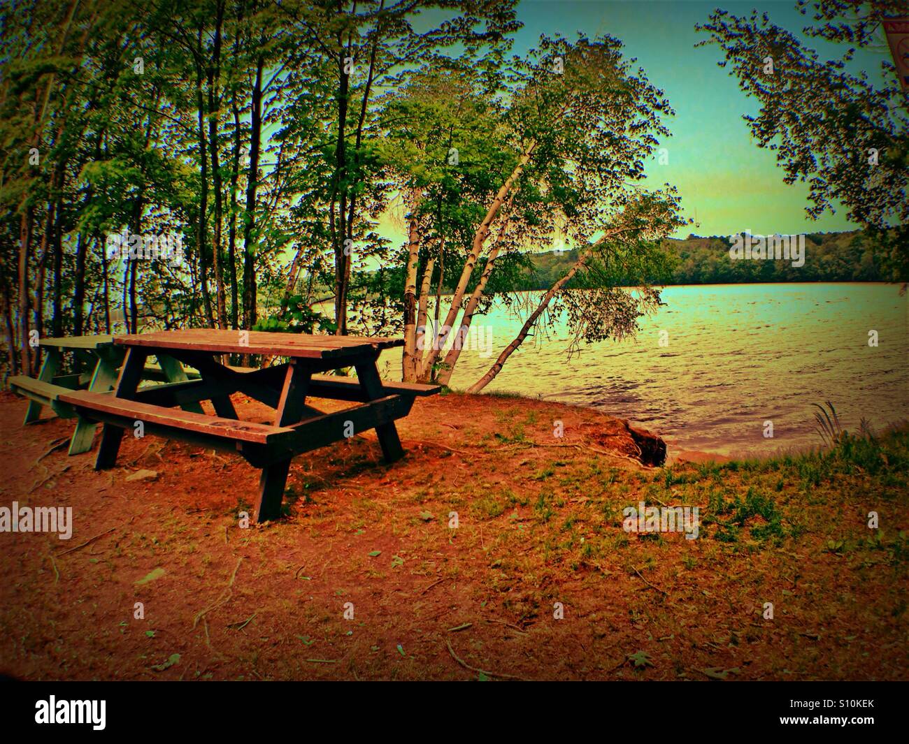 Picnic tables by lake Stock Photo - Alamy