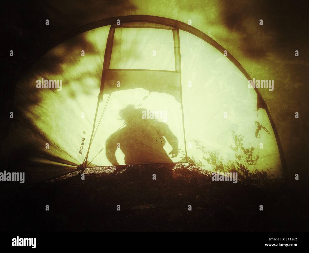 Shadow of a woman falling on a tent on an summer morning Stock Photo ...