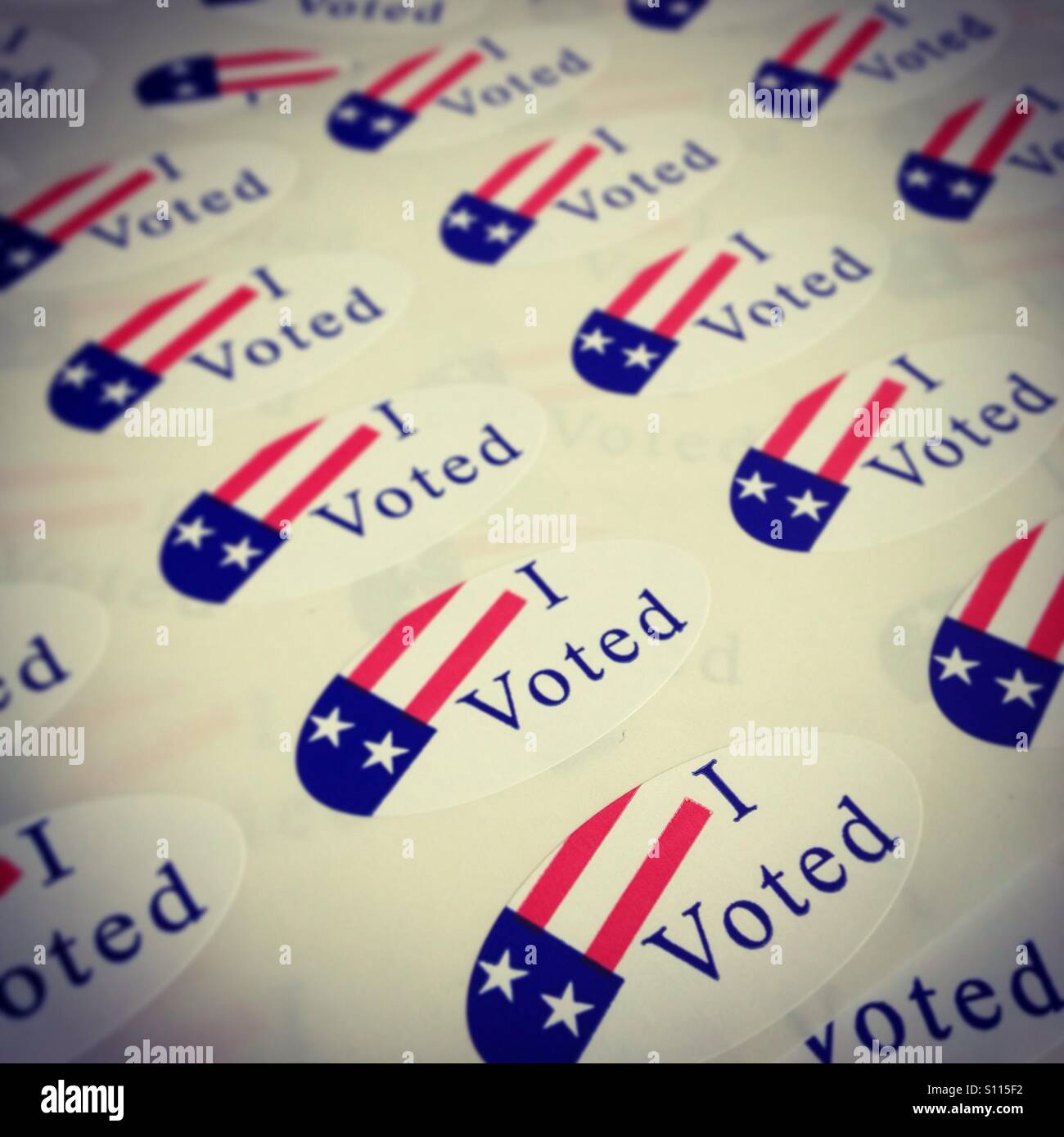 A sheet of "I Voted" stickers on a polling place table in Berkeley ...