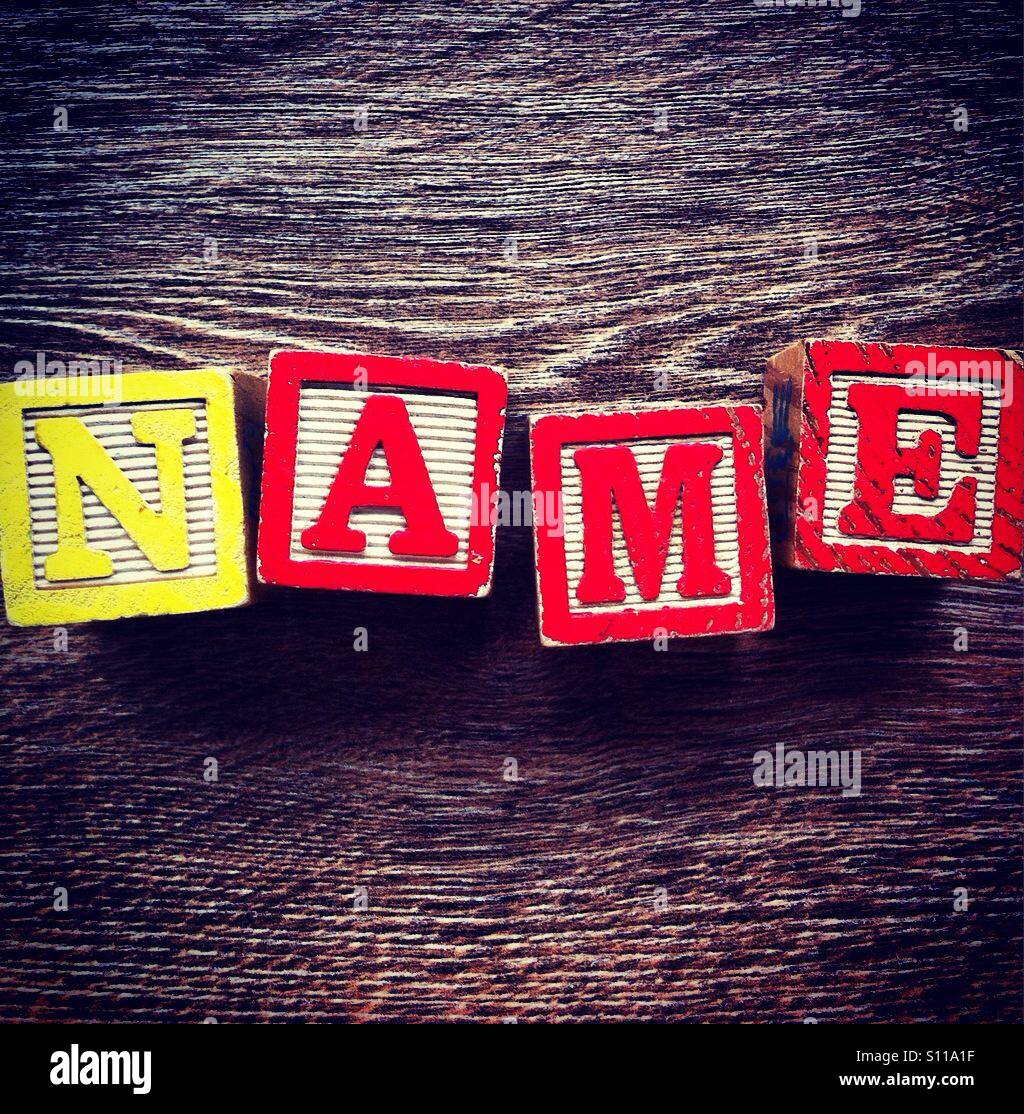 Word NAME done with wood blocks alphabet letters Stock Photo - Alamy