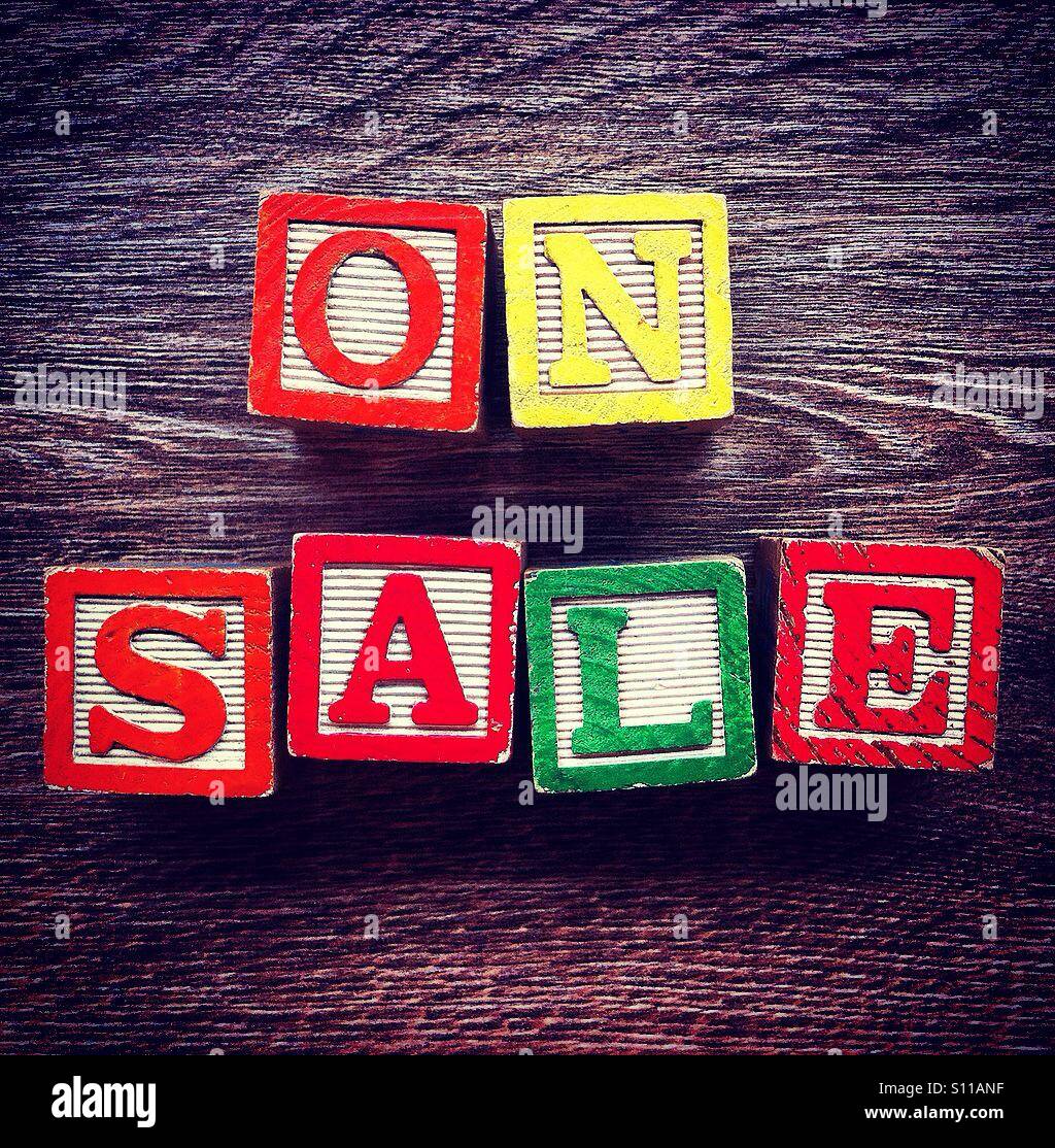 Word ON SALE done with alphabet wood blocks letters Stock Photo - Alamy