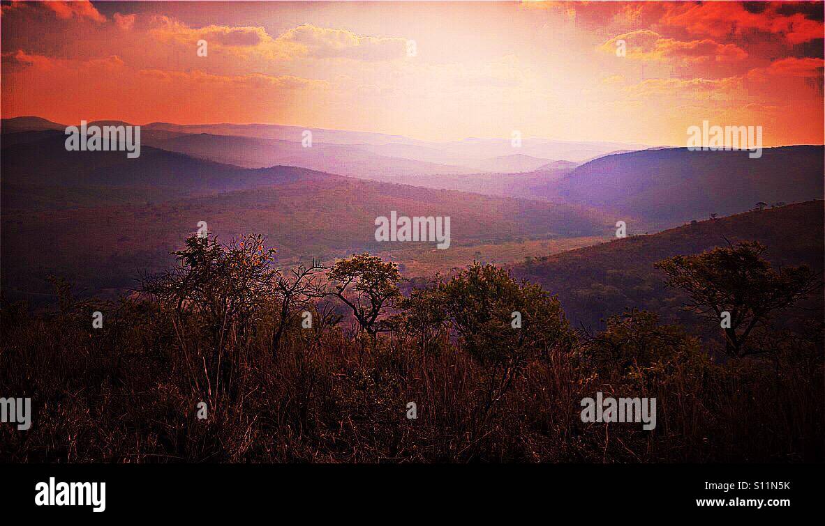 African mountain sunset, Hluhluwe-iMfolozi park, KwaZulu Natal province ...