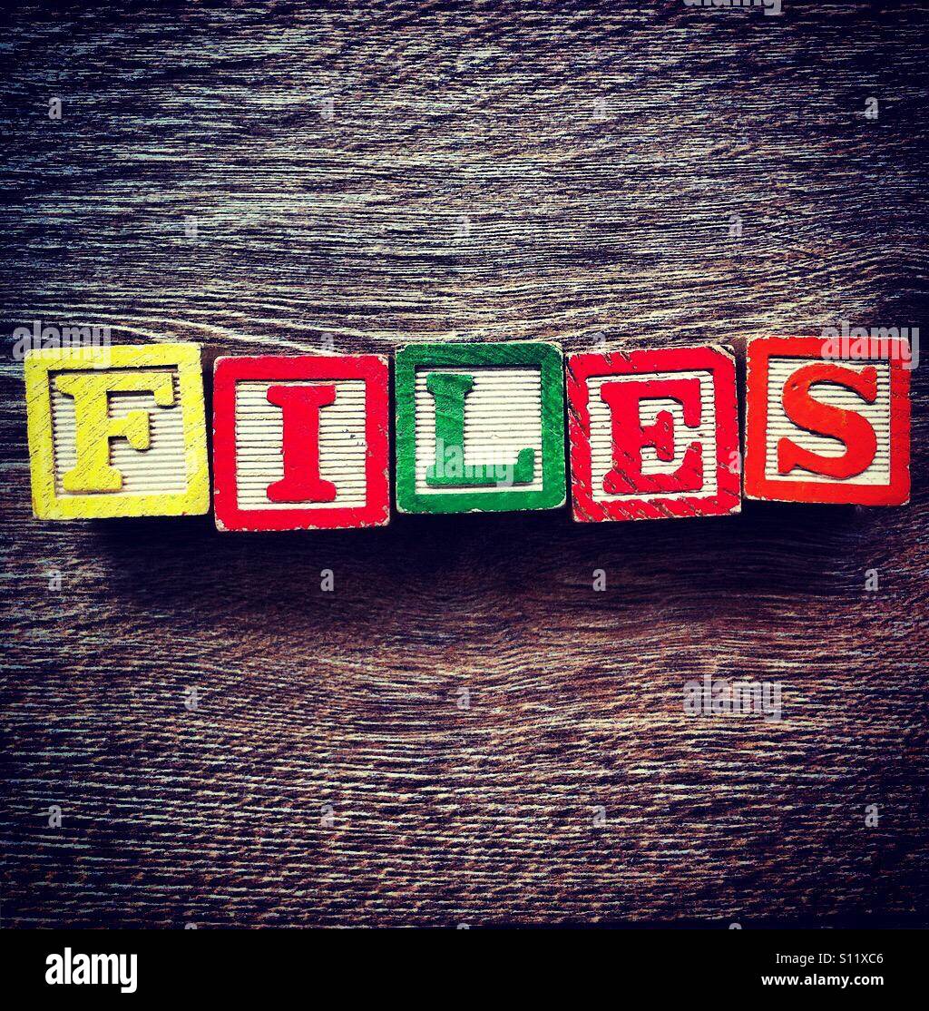 FILES word done with alphabet wood blocks letters Stock Photo - Alamy