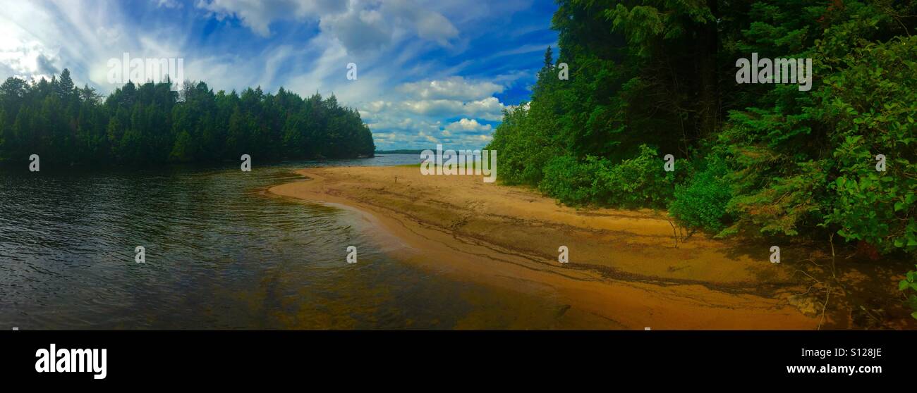 Lakeshore Sand Beach By Forest Under Blue Sky Stock Photo - Alamy
