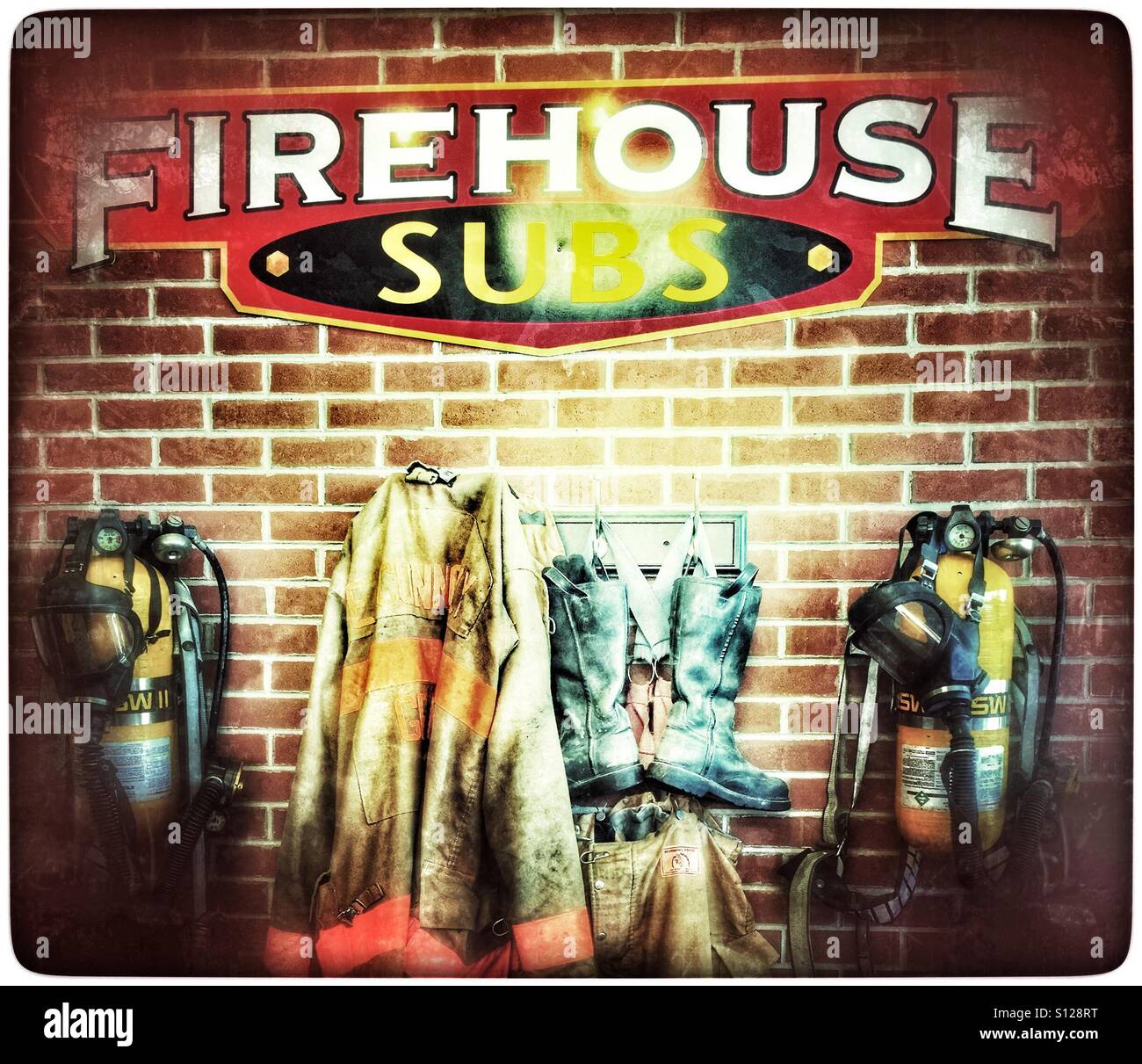 Firefighter equipment displayed inside a Firehouse Subs restaurant ...