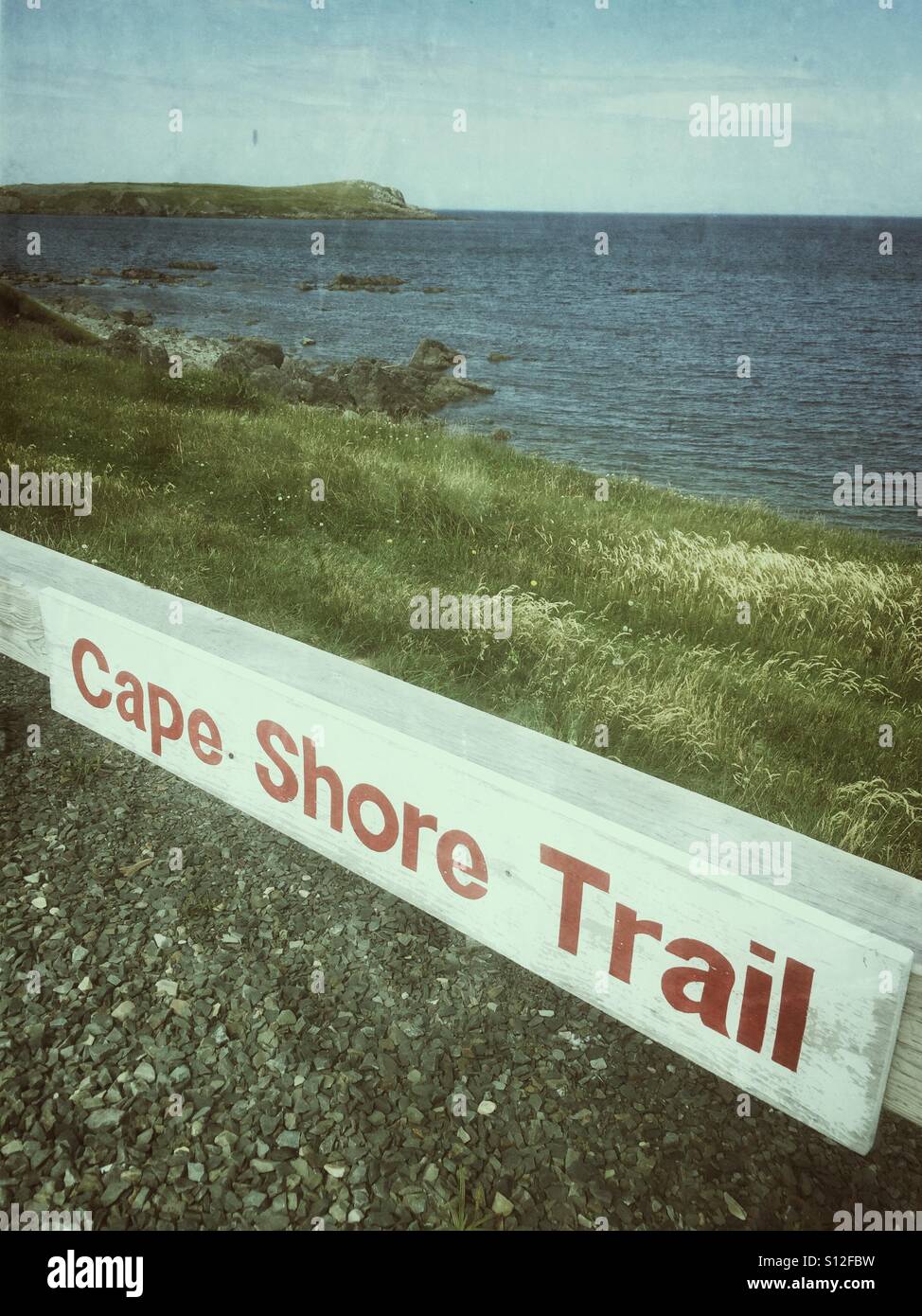 Cape Shore Trail sign on the Atlantic coast in Newfoundland Stock Photo ...