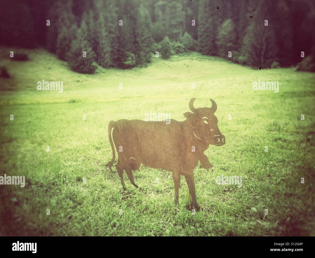Rusty scultpure metal cow on a meadow in the German Alps ...