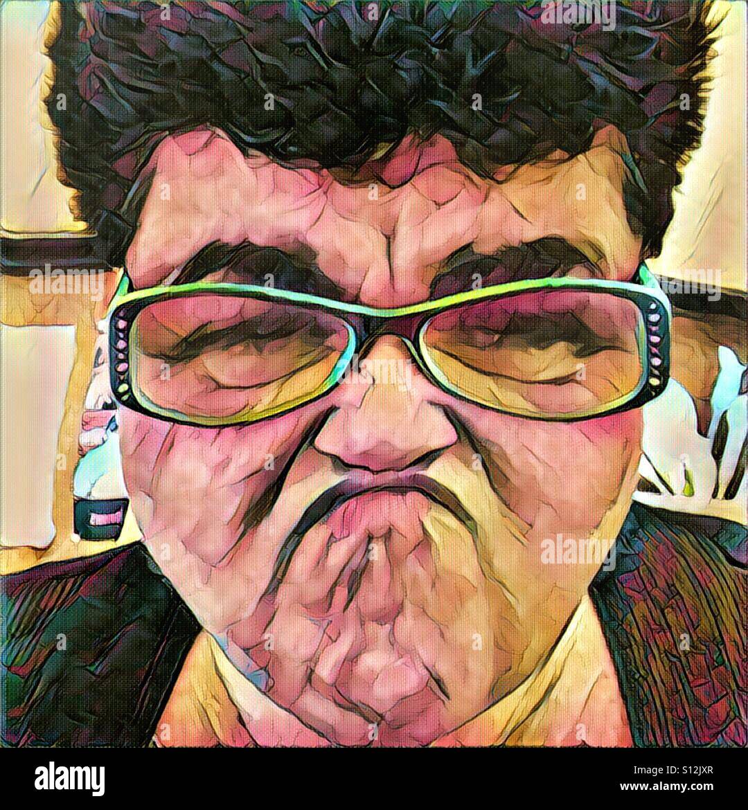 An abstract digital artwork of a woman's face in a distorted grimace ...